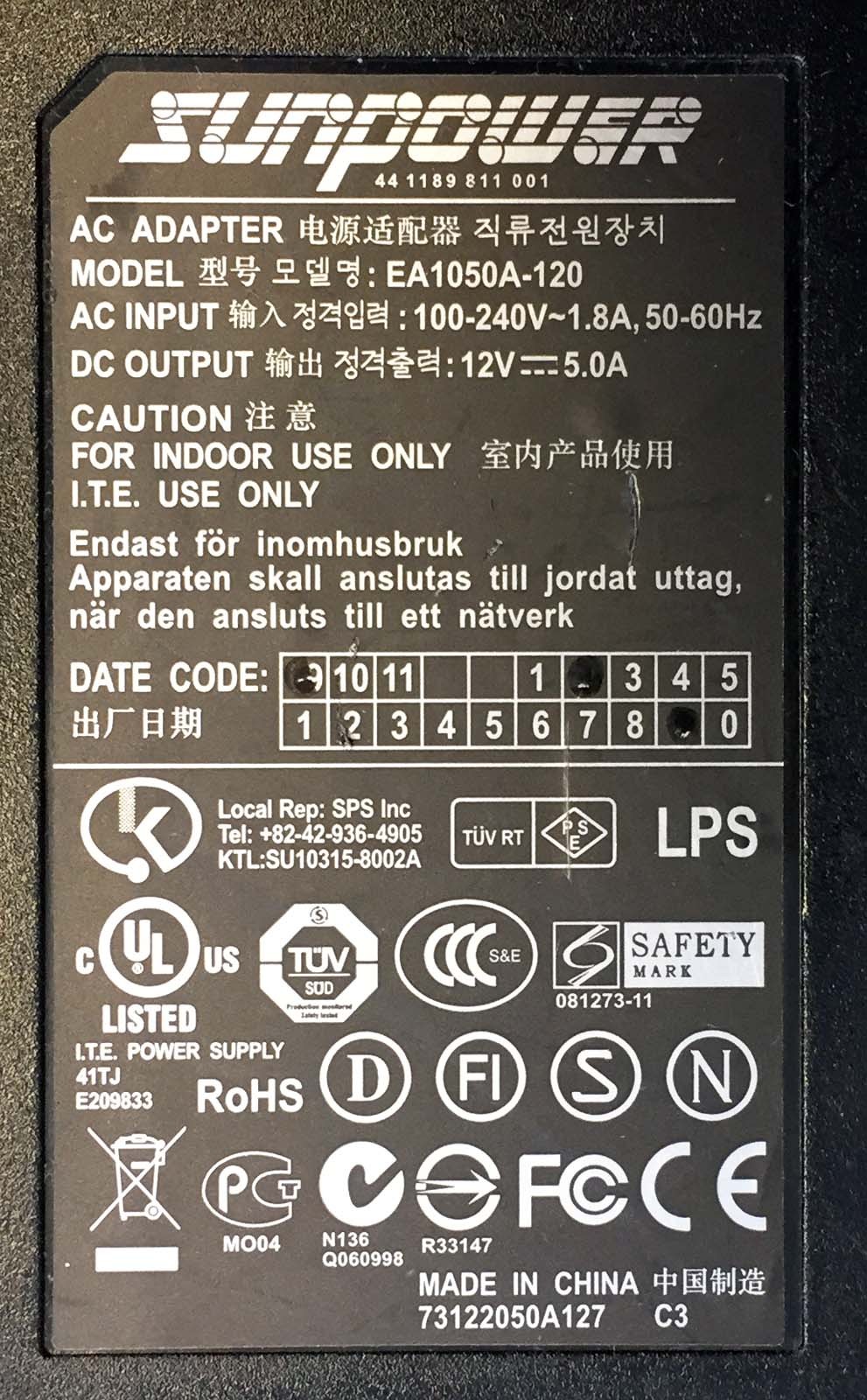 LOT OF 2 SUNPOWER EA1050A-120 AC ADAPTER INPUT:100-240V-1.8A/DC OUTPUT ...