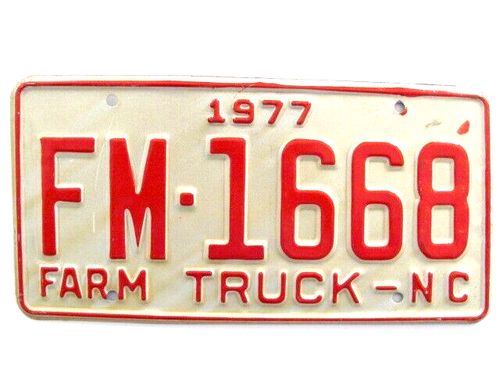 1977 NORTH CAROLINA NC LICENSE PLATE "FARM TRUCK", ORIGINAL, VINTAGE ...