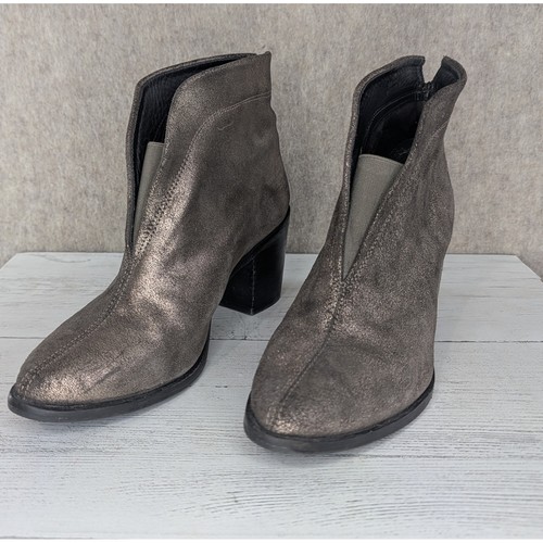 Womens Metallic Bronze Leather Ankle Boots Block Heel Pointed Toe Size ...