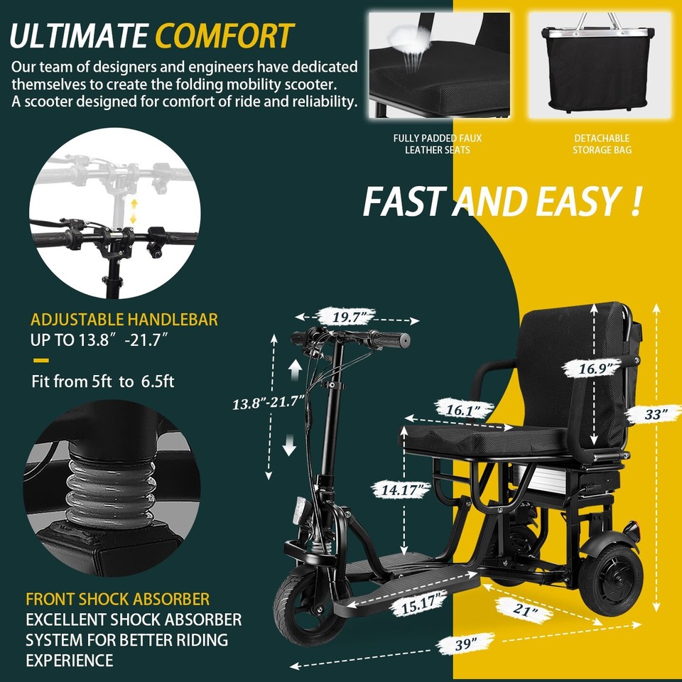 3-Wheel Foldable Mobility Scooter For Adult Senior With Dustbag ...
