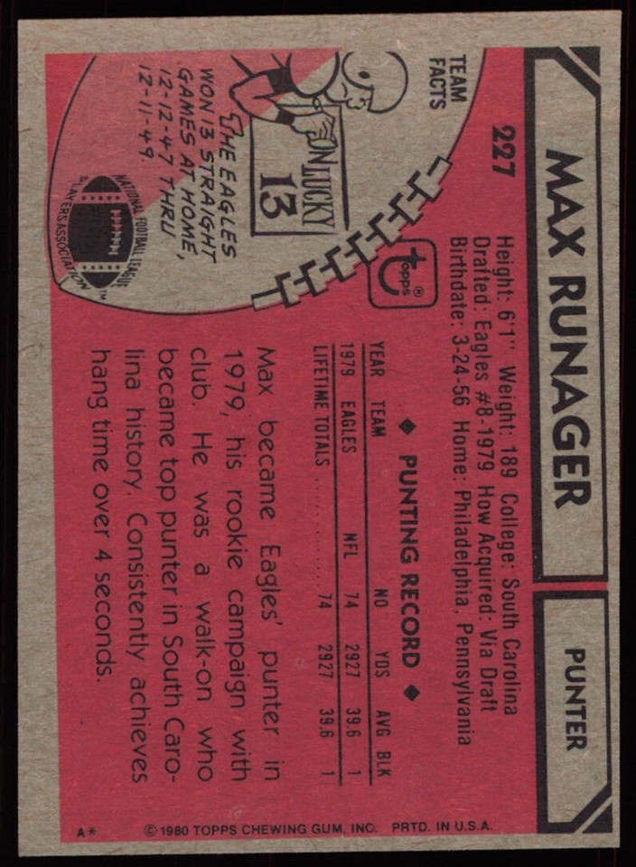 1980 Topps Max Runager Rookie Philadelphia Eagles #227 | eBay