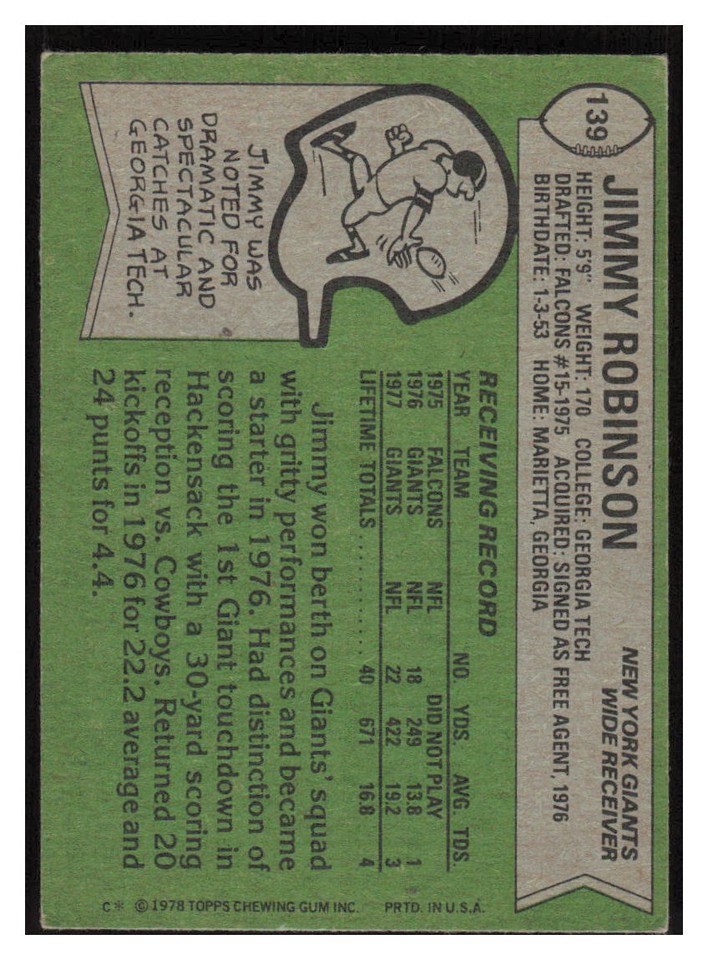 1978 Topps #139 Jimmy Robinson - New York Giants | eBay