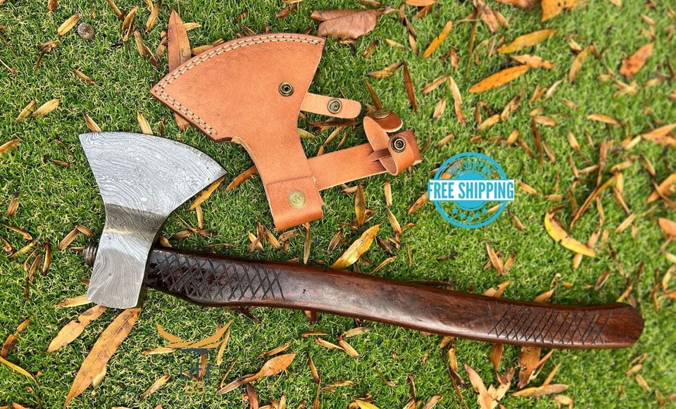 DAMASCUS STEEL AXE TOMAHAWK HATCHET INTEGRAL VIKING THROWING SHEATH ...