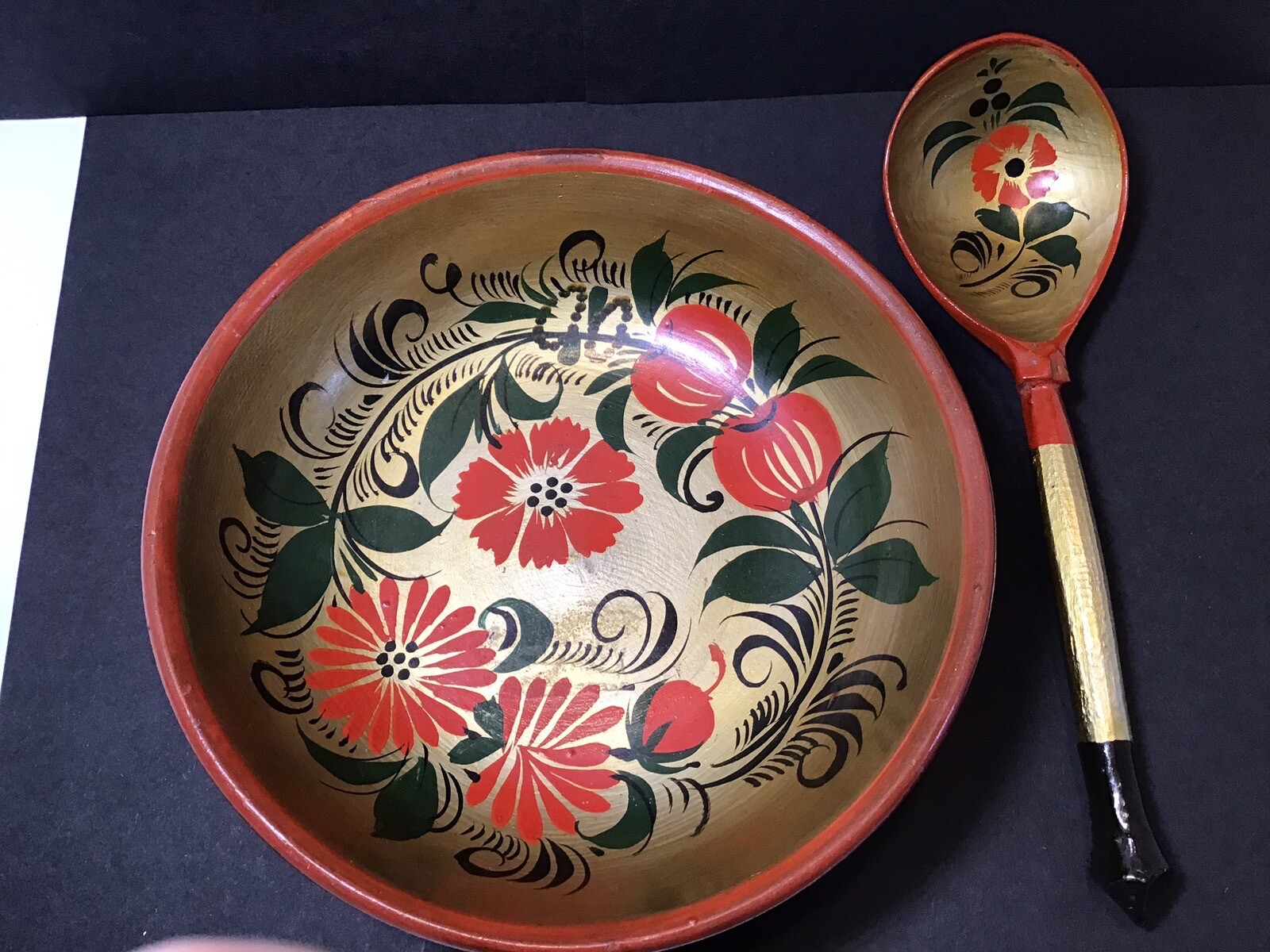 Vintage Khokhloma Russian Lacquer Ware Bowl & Spoon USSR | eBay