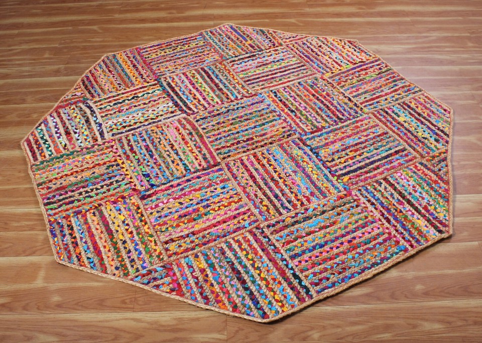 Red Octagon Kilims Hand Braided Cotton Jute Area Rug Living Room ...