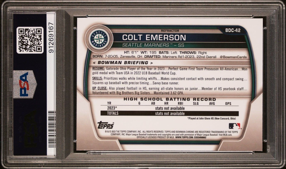 2023 Bowman Draft COLT EMERSON Chrome Refractor #BDC-42 1st GEM MINT ...
