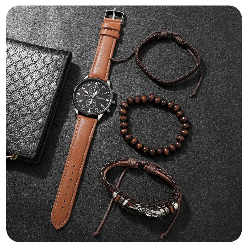 4 pc men's luxury black face sport watch & bracelet set leather strap ...