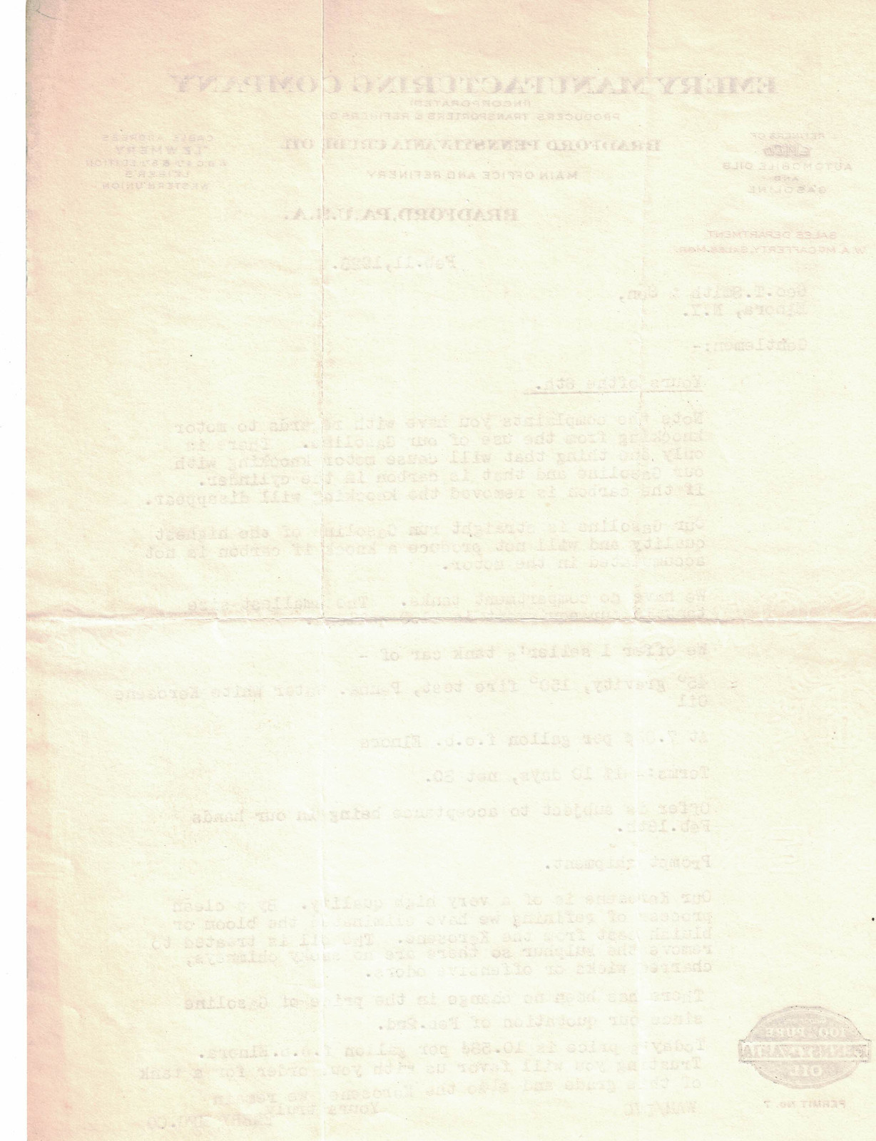 Feb 11 1928 Letter Emery Manufacturer EMCO Pennsylvania Oil Bradford PA ...