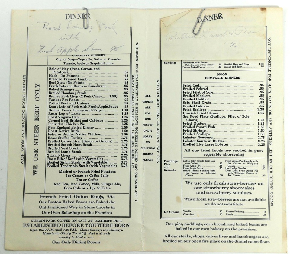 1950's DURGIN PARK Market Dining Room Restaurant Menu Boston ...