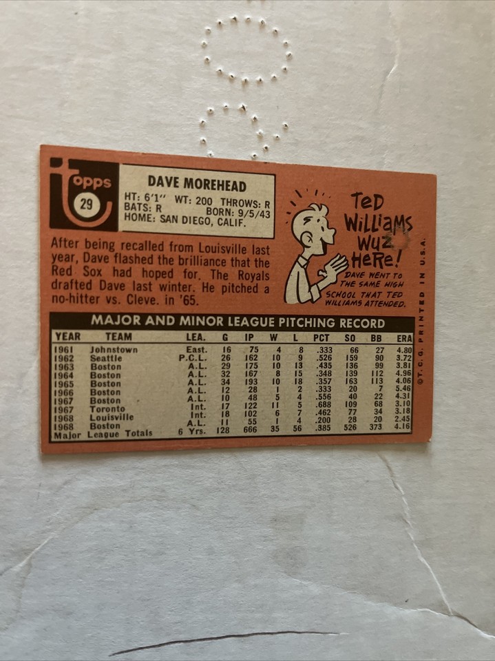 1969 Dave Morehead Kansas City Royals Topps Baseball Card #29 | eBay