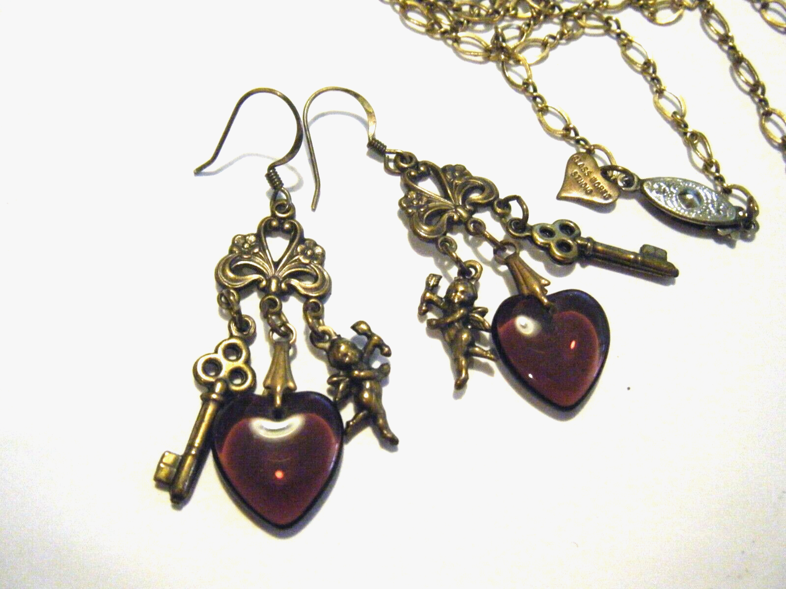 Vintage Glass Works Studio Purple Heart Cupid & Gold Key Necklace ...