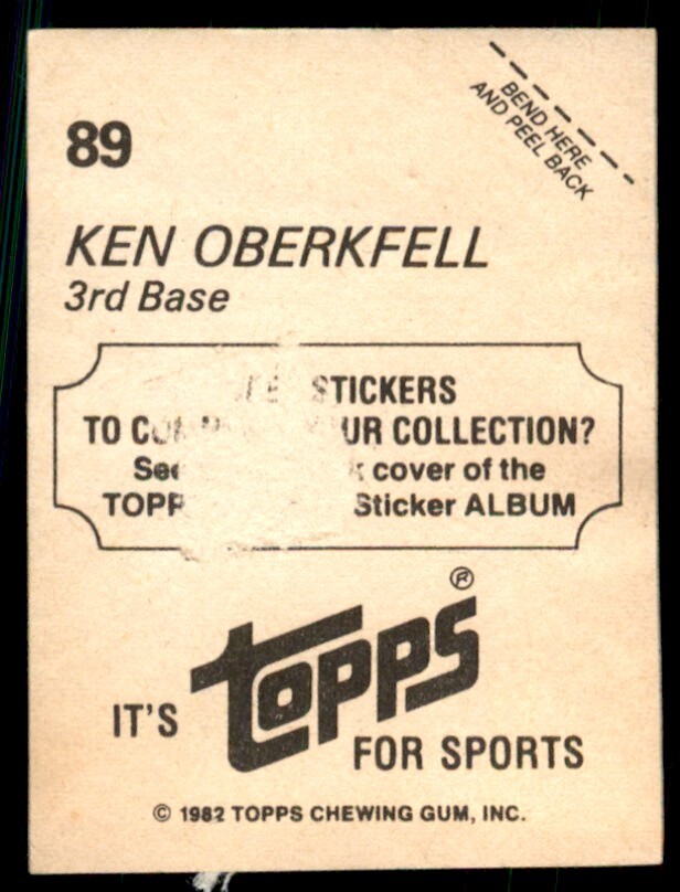 1982 Topps Stickers Ken Oberkfell St. Louis Cardinals #89 MLB Baseball ...