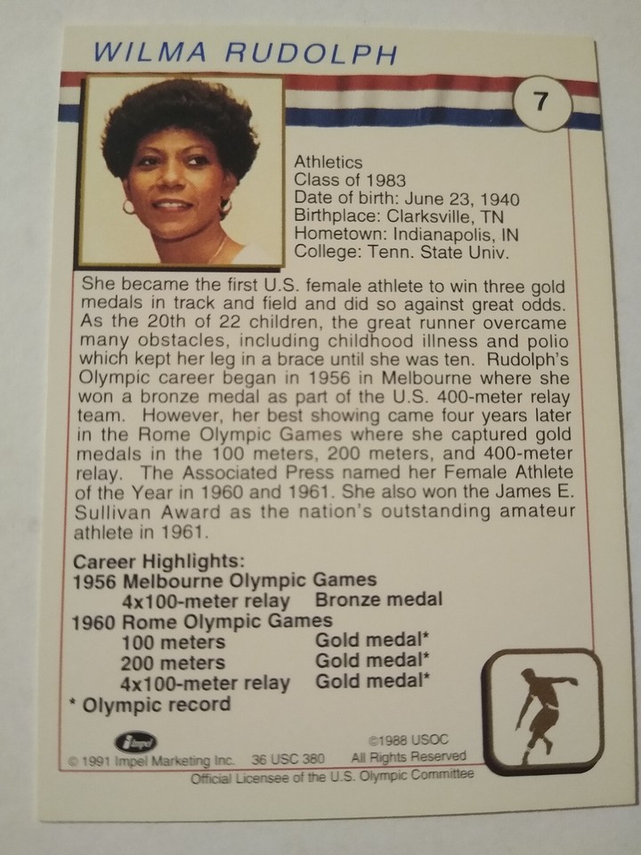 1991 WILMA RUDOLPH IMPEL TEAM USA TRACK AND FIELD RUNNER CARD #7 US | eBay