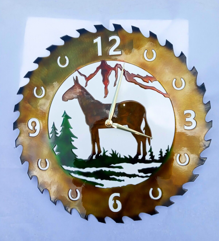 MULE Clock w Trees Mountain Plasma Cut Metal Wall Art Horse Donkey Hand ...