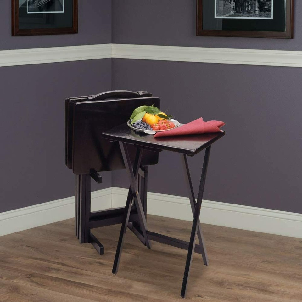 Black Wooden TV Tray Set with Stand Folding Snack Table Portable ...