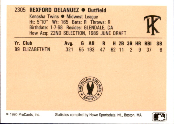 1990 Kenosha Twins ProCards #2305 Rex DeLaNuez Glendale California ...