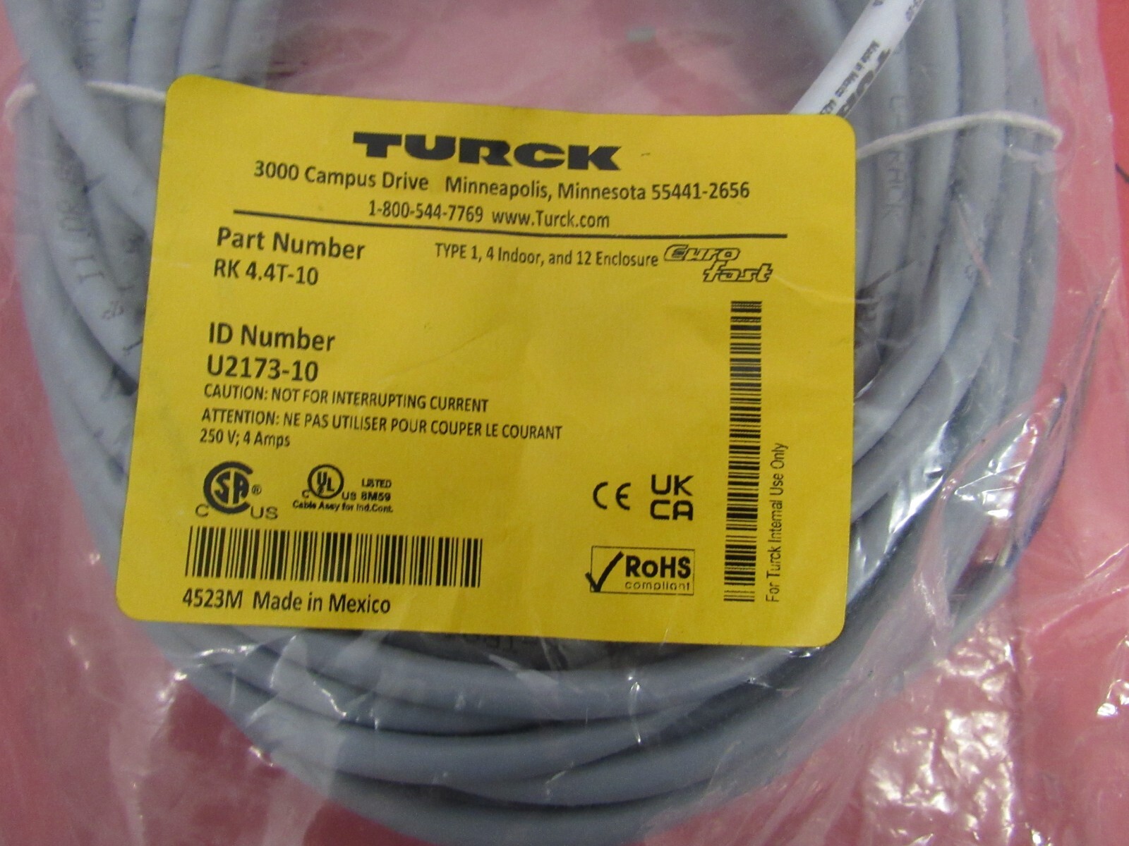 Turck RK 4.4t-10 Actuator & Sensor Cable M12 Female 10m 4 Wire U2173-10 ...