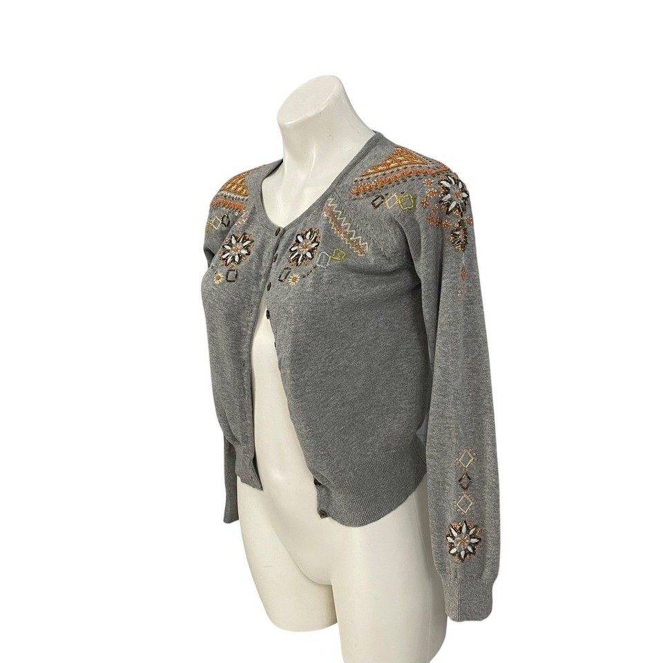Sundance Sweater Womens PS Cardigan Beaded Floral Gray Boho Festival ...