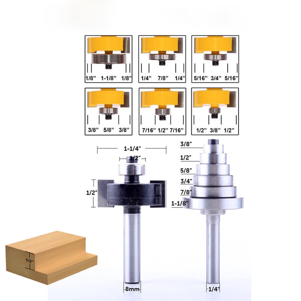 2PC 8mm Shank 1/2" Height with 6 Bearings Rabbet Router Bit & Bearing ...