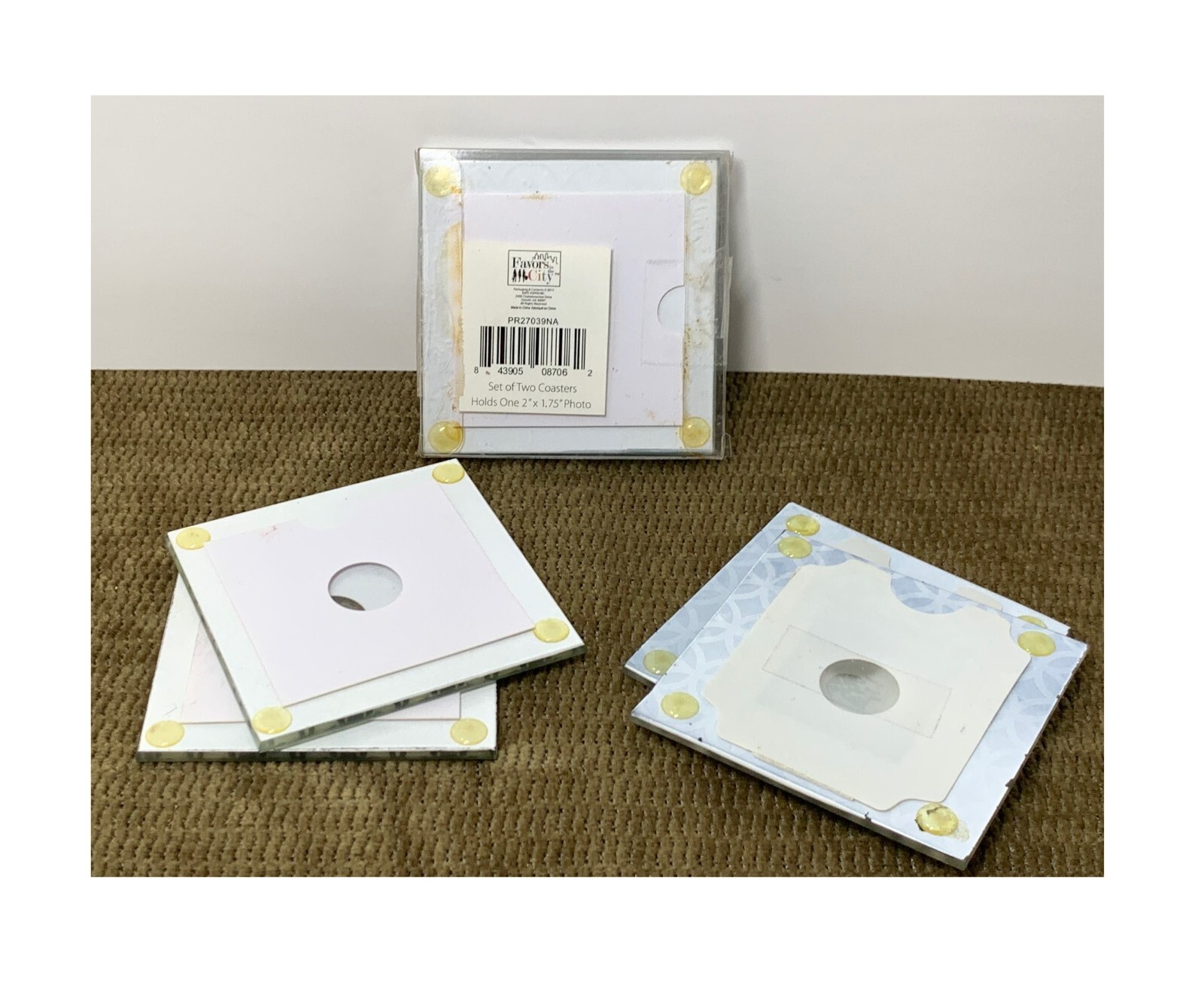 6 GLASS PHOTO INSERT COASTERS WITH DESIGNS AROUND PHOTO THAT IS SHOWN ...