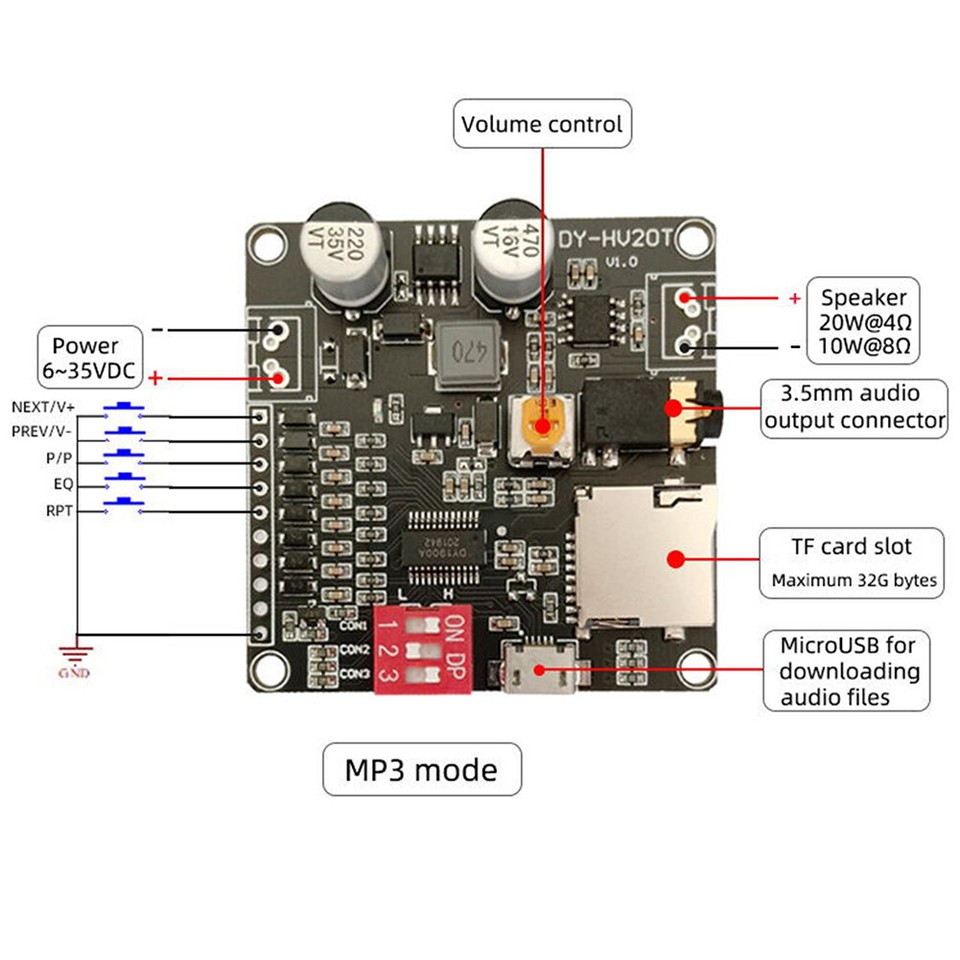 5pcs DY-HV20T Voice Playback Module Support SD Card MP3 Music Player ...