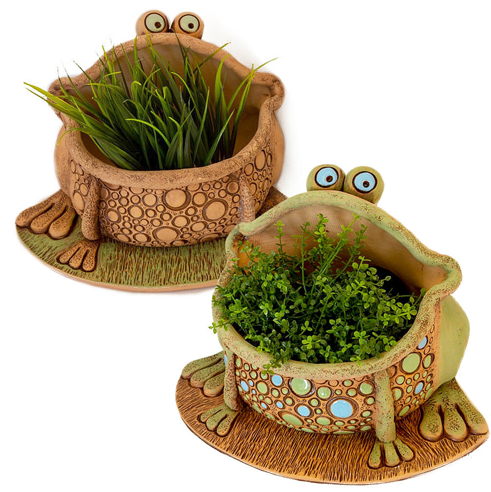 Frog Ceramic Planter Clay Toad Plant Flower Pot Cachepot Handmade Brown ...