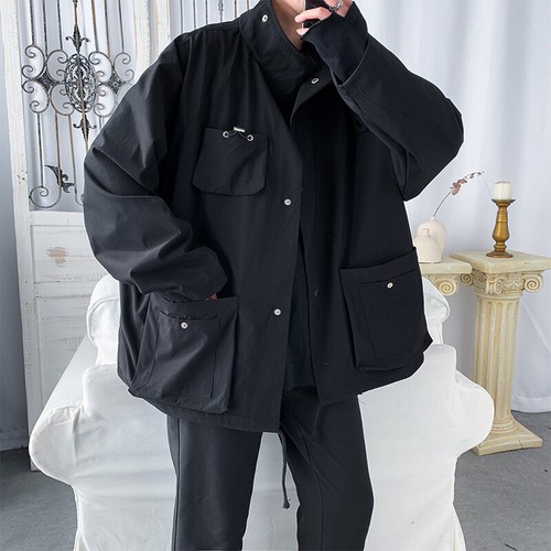 Men Loose Jacket Korean Fashion Casual Pockets Stand Collar Outwear ...