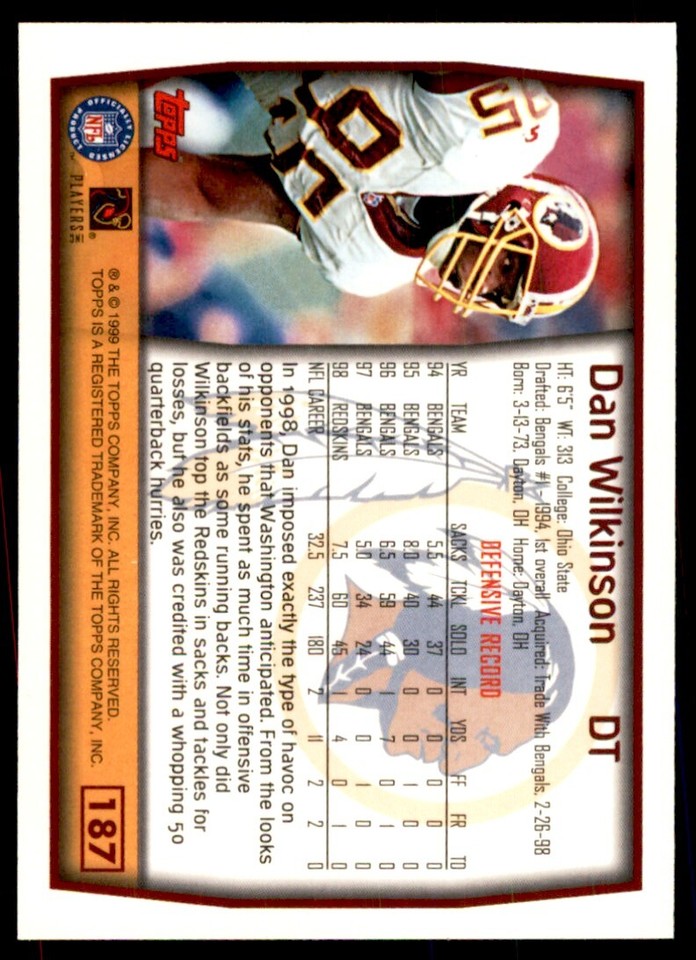 1999 TOPPS DAN WILKINSON WASHINGTON REDSKINS #187 | eBay