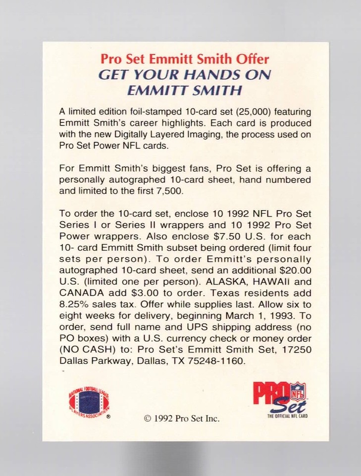 1992 Pro Set #NNO Emmitt Smith Emmitt Smith Power Offer NM/Mint | eBay