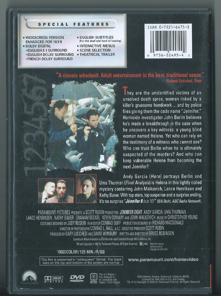 Jennifer 8 (DVD, 2000, Uma Thurman, Andy Garcia, Widescreen, Made in ...