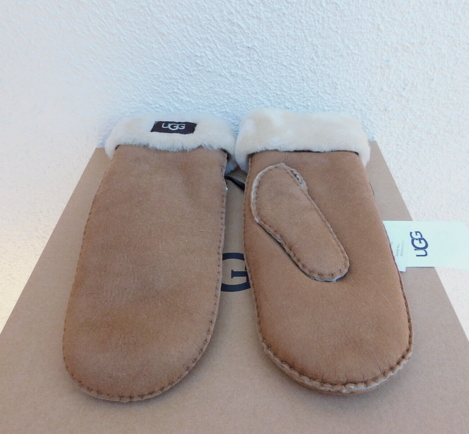 UGG CHESTNUT SUEDE SHEEPSKIN UGG LOGO WINTER MITTENS ~WOMEN L/ XL ~NWT ...