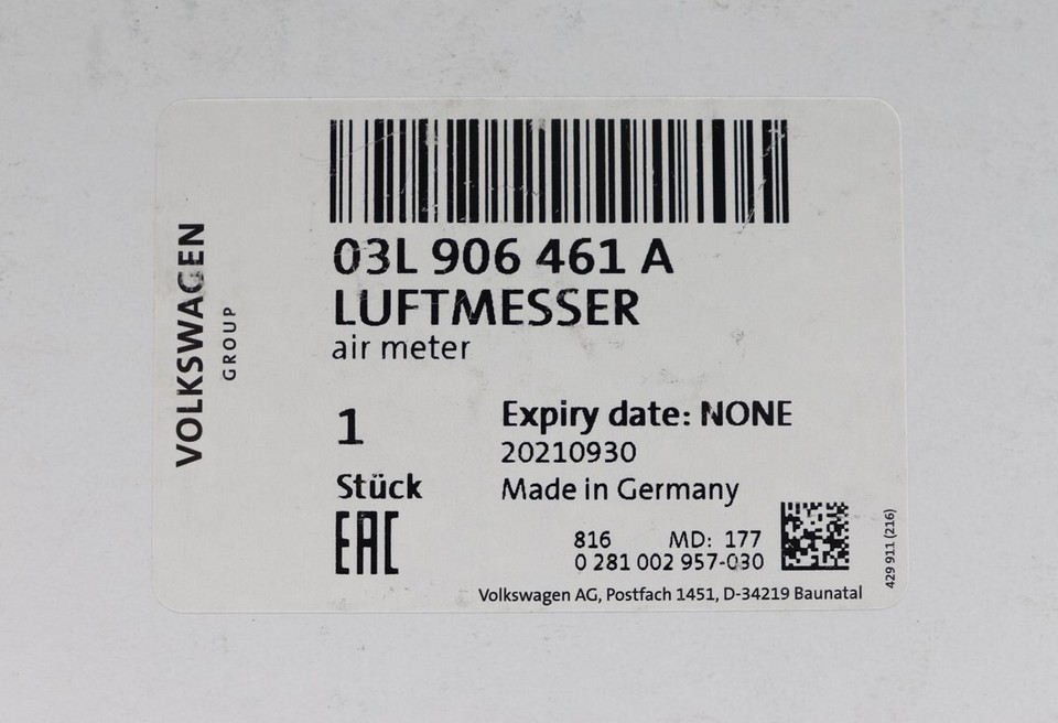 NEW OEM Volkswagen MAF Mass Air Flow Sensor 03L906461A VW Audi 2.0L ...