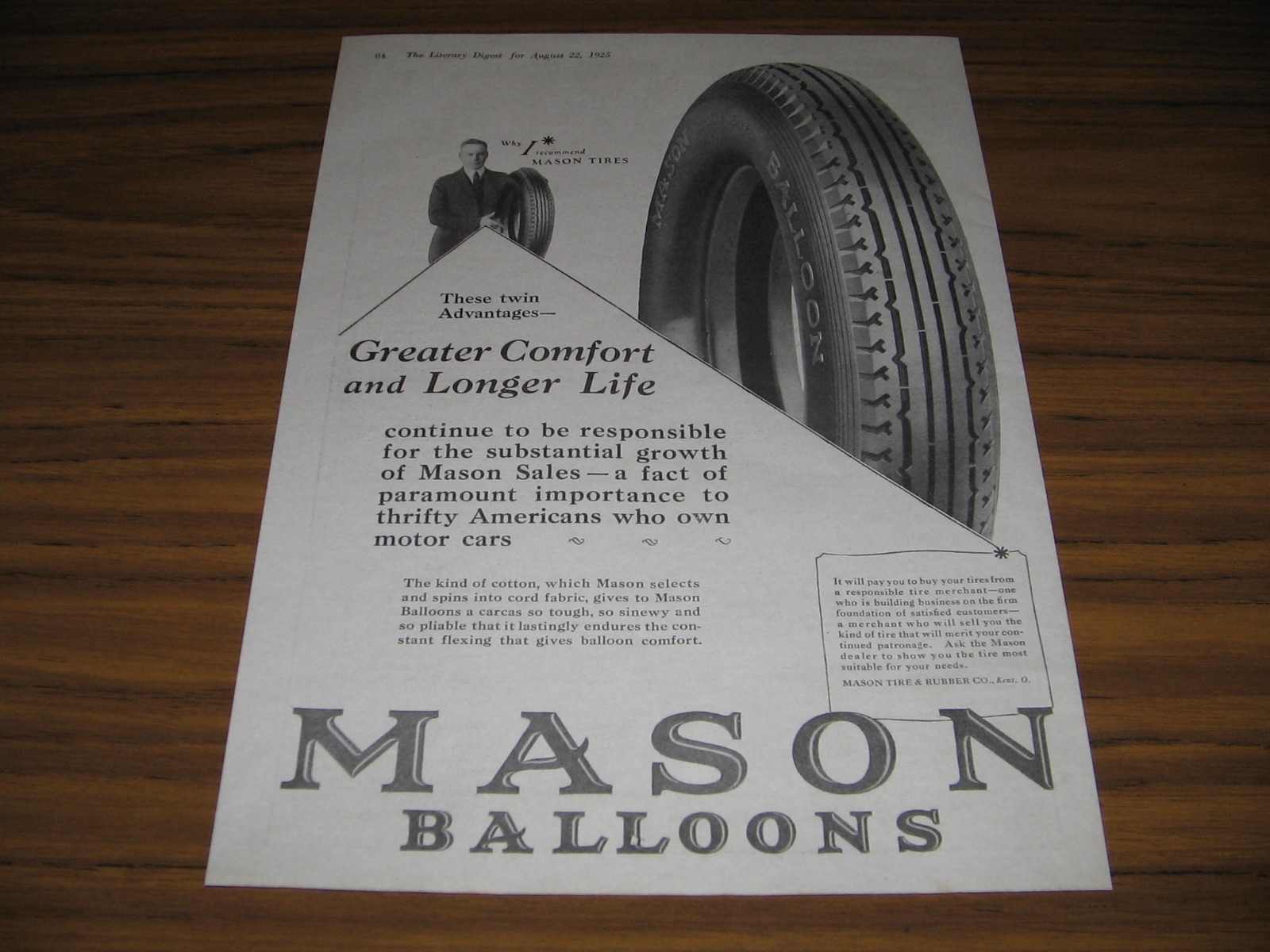 1925 Print Ad Mason Balloon Tires Kent,OH Greater Comfort | eBay