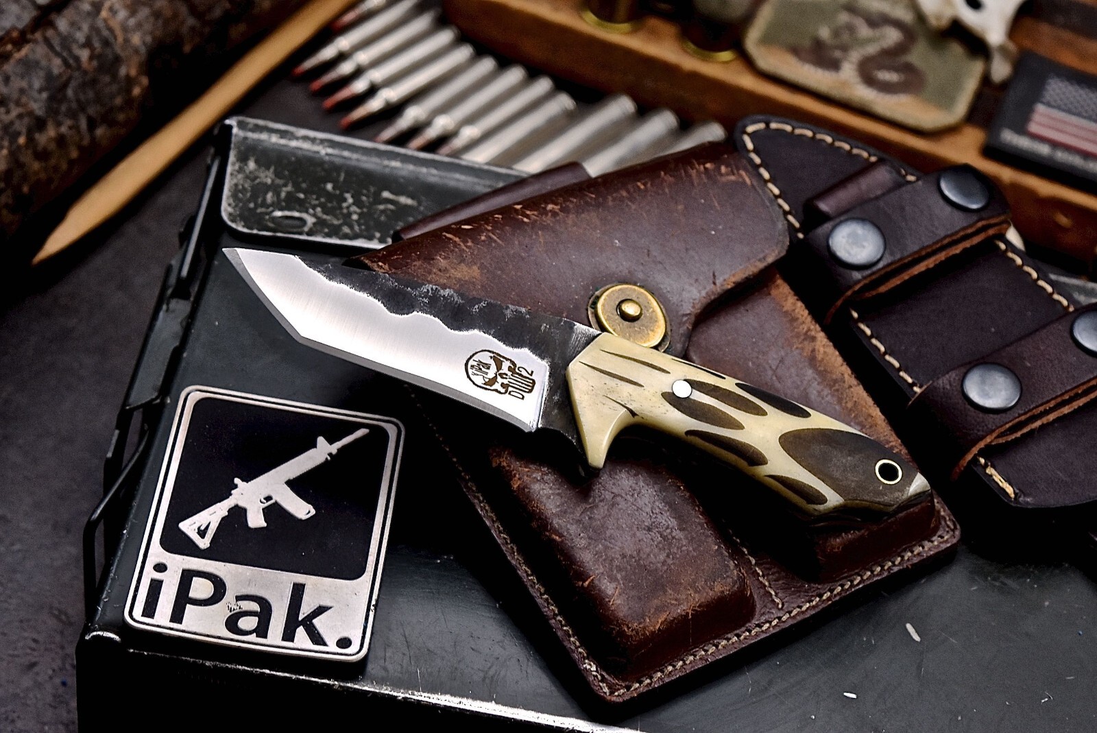 CFK IPAK Handmade D2 Custom BEAR PAW Scrimshaw Bone Mini TANTO Hunting ...