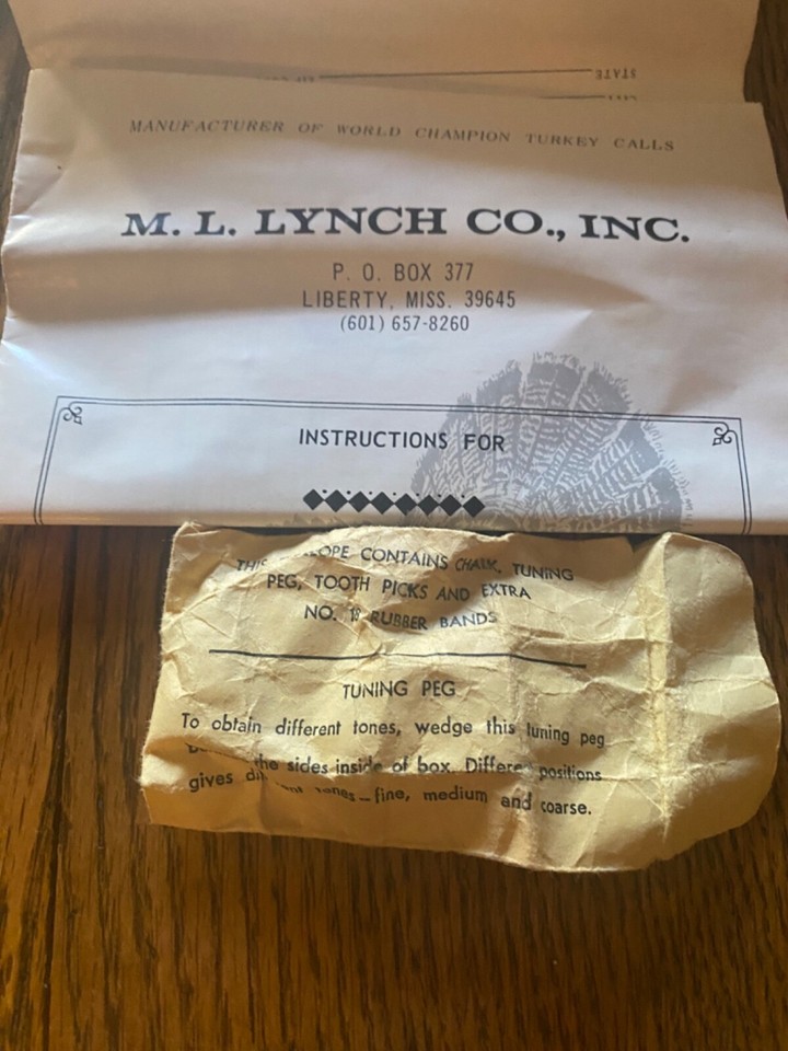 Vintage ML Lynch World Champion Turkey Call 102 Wood 1958 w/ Box ...