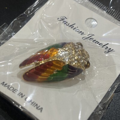 Jewelry Brand New Rainbow Enameled Cicada Locust Rhinestone Brooch ...