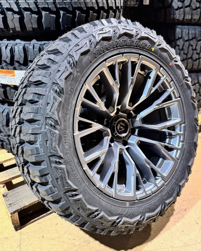 4) 20x10 Fuel D848 Rebar Gray Wheels 33" MT Tires 6X5.5 Chevy Silverado ...