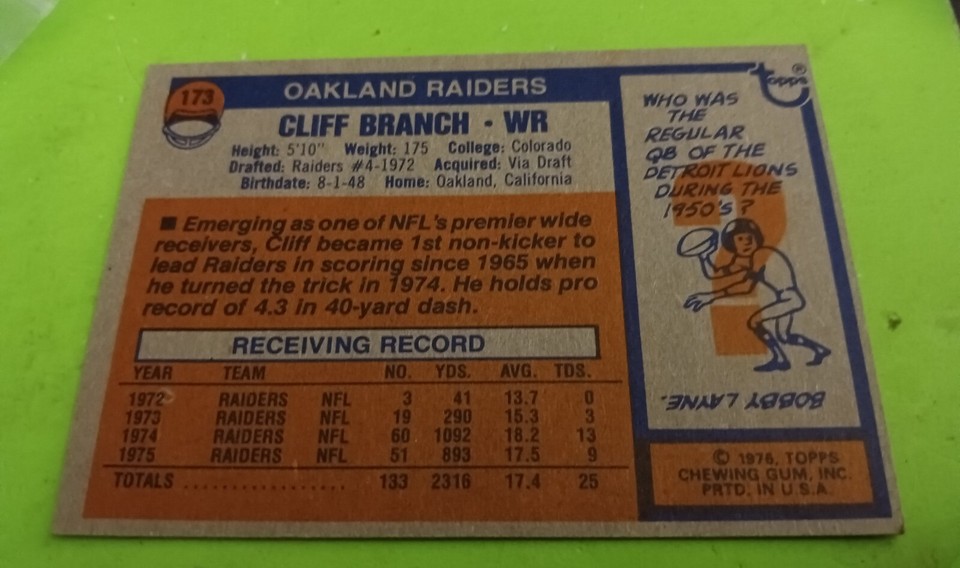 1976 Cliff Branch Topps NFL Football Card #173 Oakland Raiders NM HOF ...
