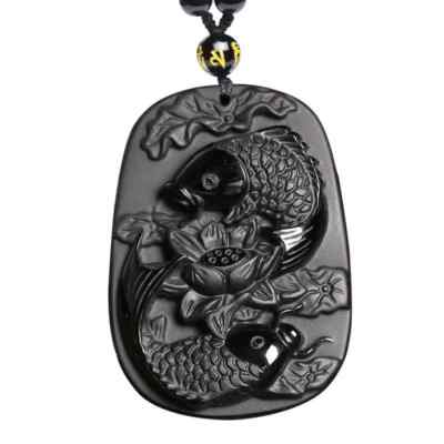 Fine Carving Obsidian Two Fish and Lotus Black Obsidian Pendant Jewelry ...