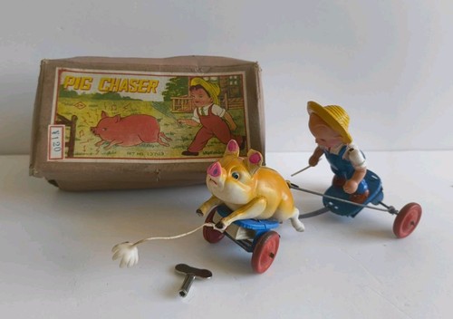 Vintage Japanese Pig Chaser Celluloid & Tin Toy.Clockwork Wind Up.Japan ...