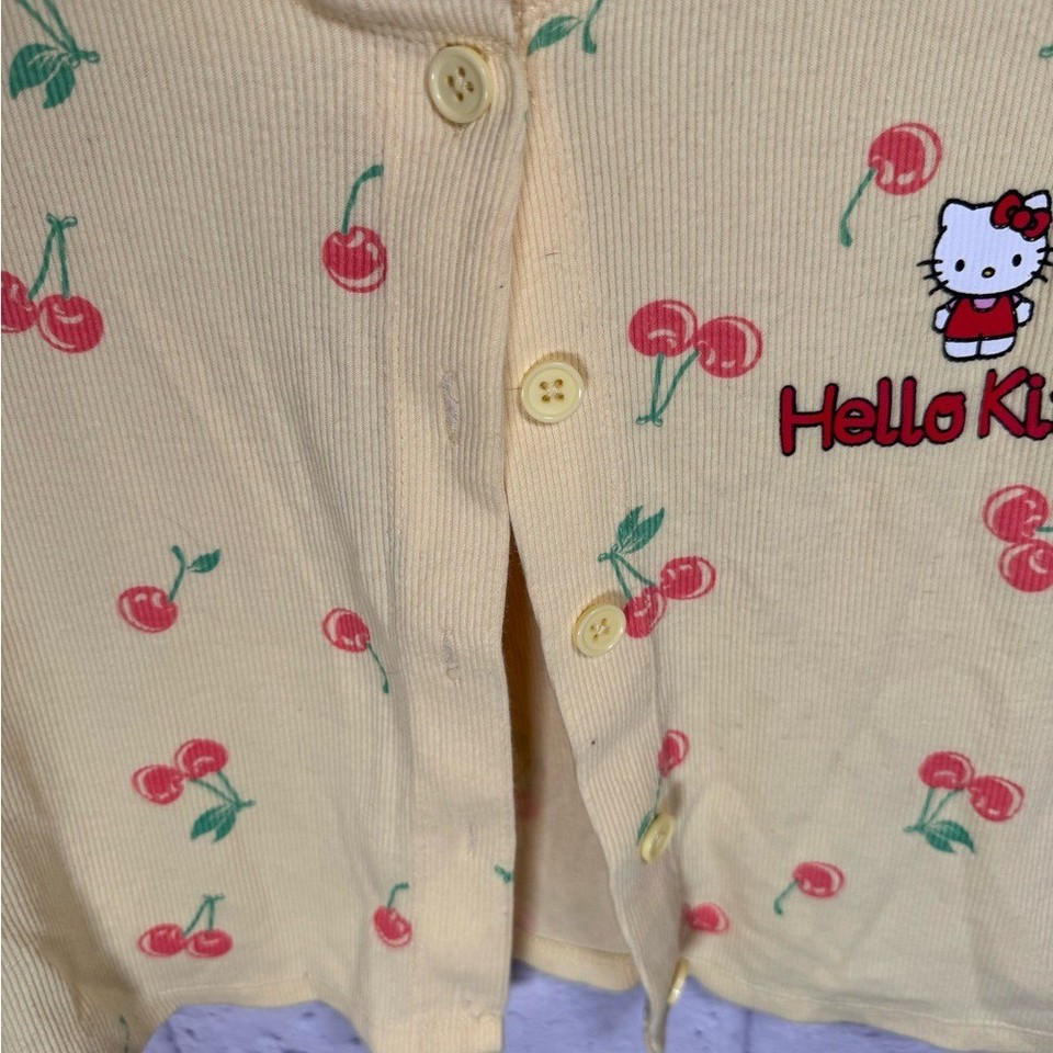 HELLO KITTY Sanrio XS Crop Long Sleeve Button Up Top Yellow Cherries | eBay