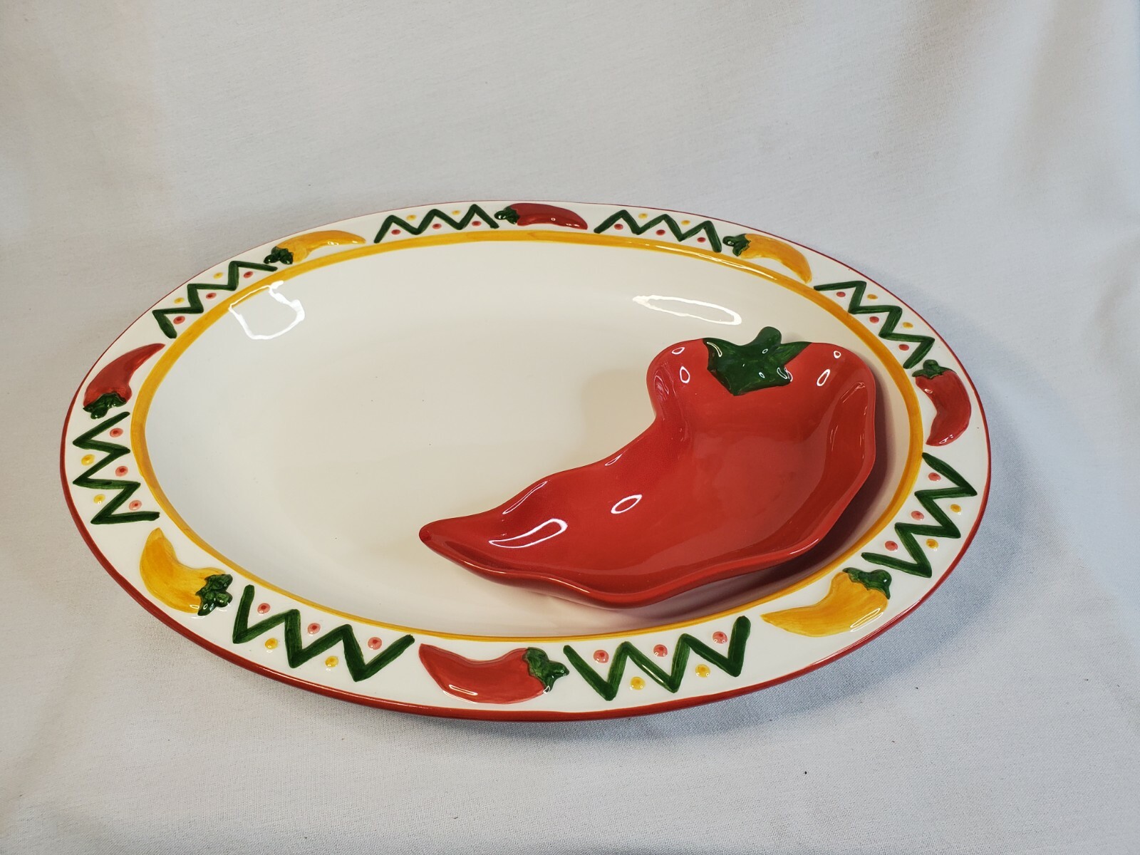 Clay Art Chili Pepper Chip and Dip Ceramic Plate Set Excellent Used ...