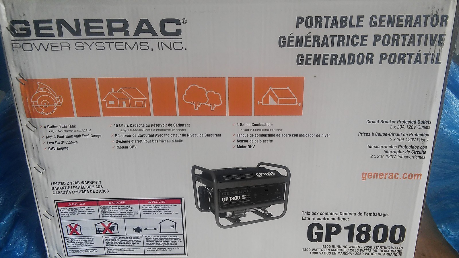GENERAC GP1800 Watt Portable Gas Generator (2050 Watt Start-up w/2 ...
