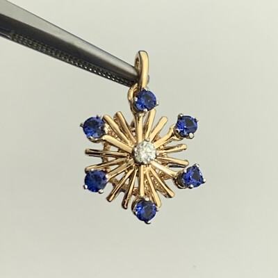 Vintage 14K Yellow Gold Blue Sapphire Diamond Pinwheel Starburst ...