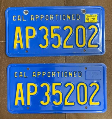 California BLUE 1984 APPORTIONED License Plate PAIR # AP 35202 | eBay