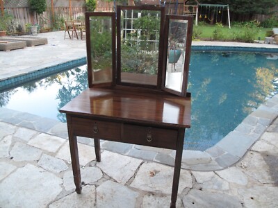 Antique 1918 Cherrywood Dressing Table with glass tri-fold mirrors | eBay