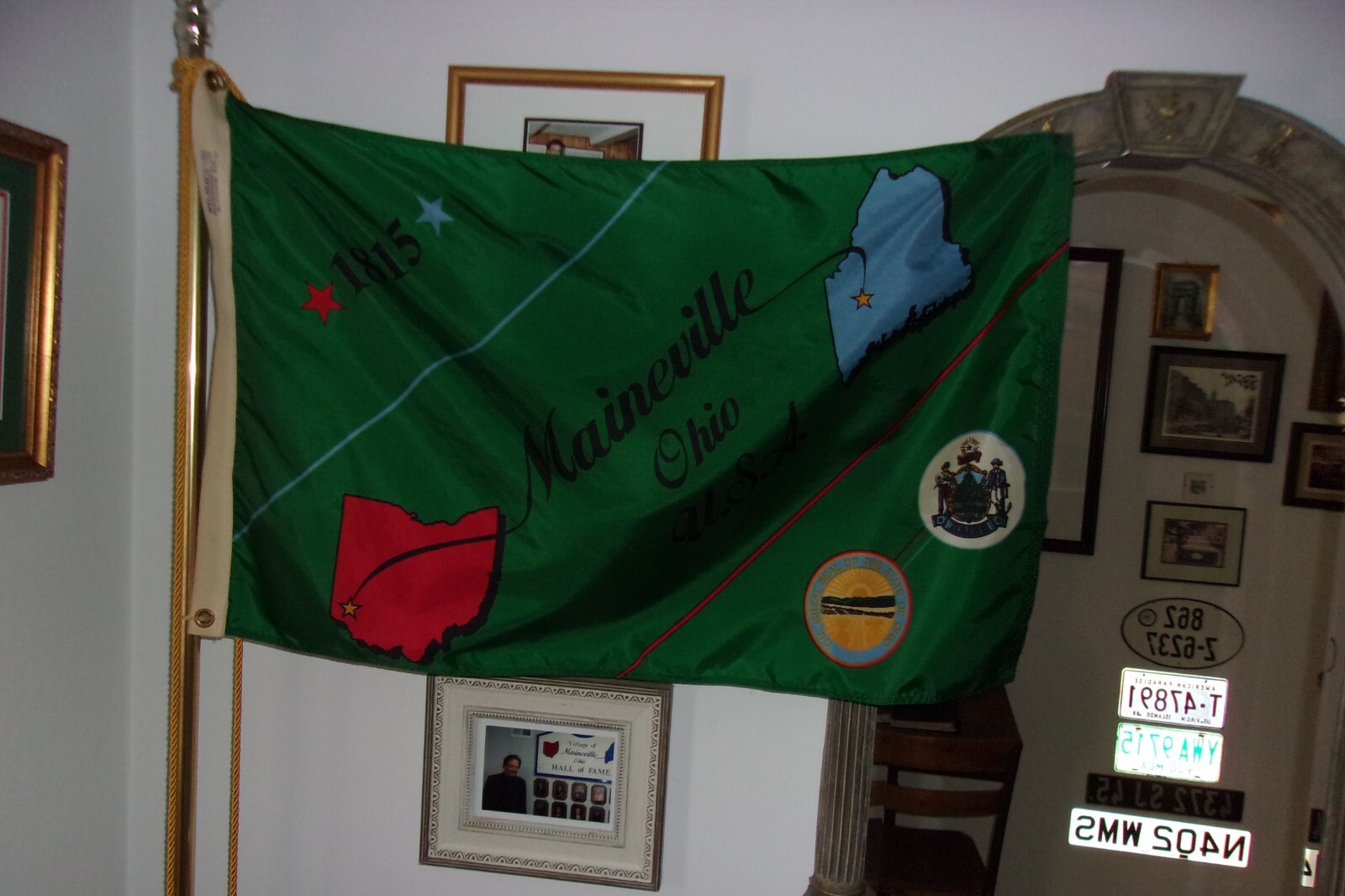 THE FIRST MAINEVILLE, OHIO FLAG (WITH BASE, GOLD CHORD AND SIGNED BY ...