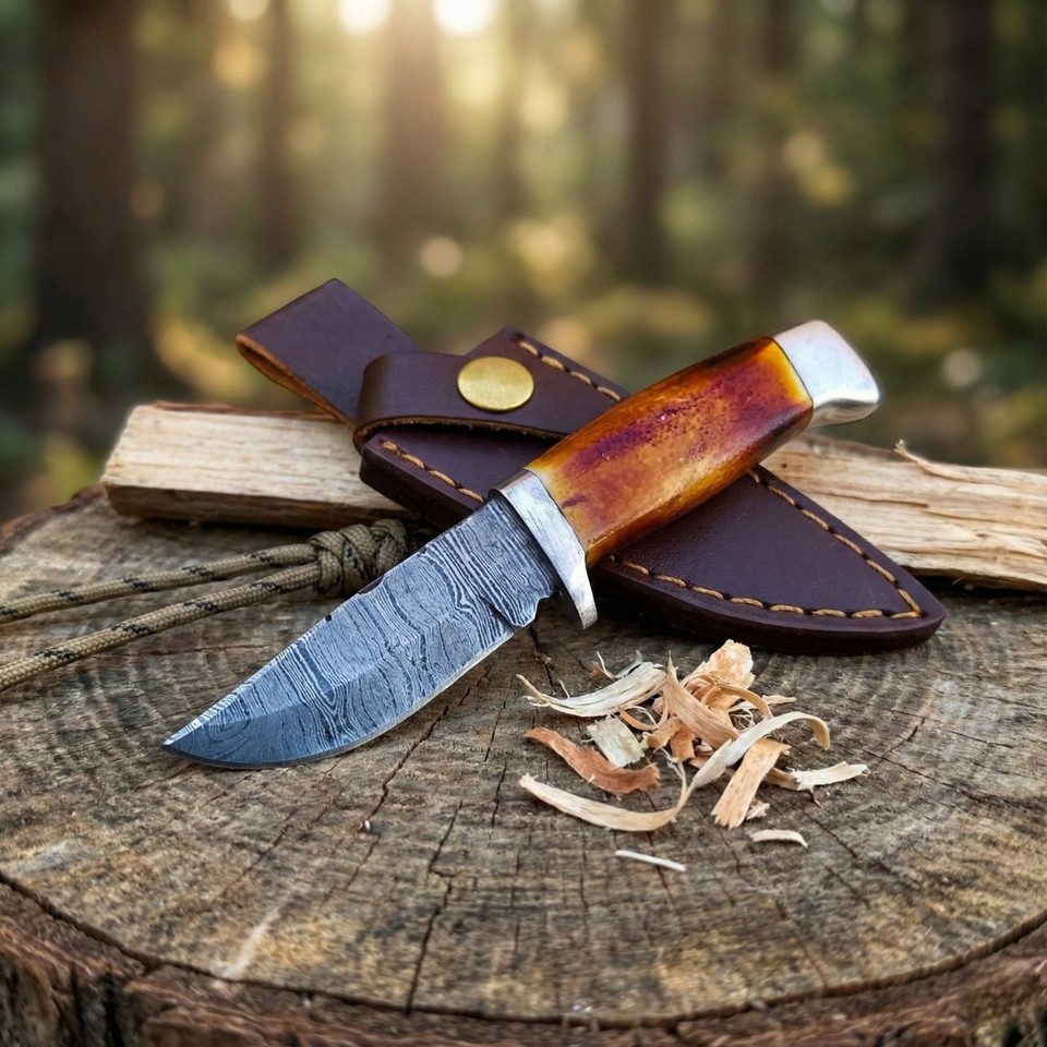 SHARD Damascus Steel Mini Neck Knife Fixed Blade Bone Handle Skinner ...