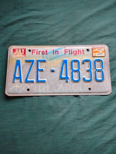 1999 North Carolina License Plate - "AZE 4838" JUL 99 FIRST IN FLIGHT ...