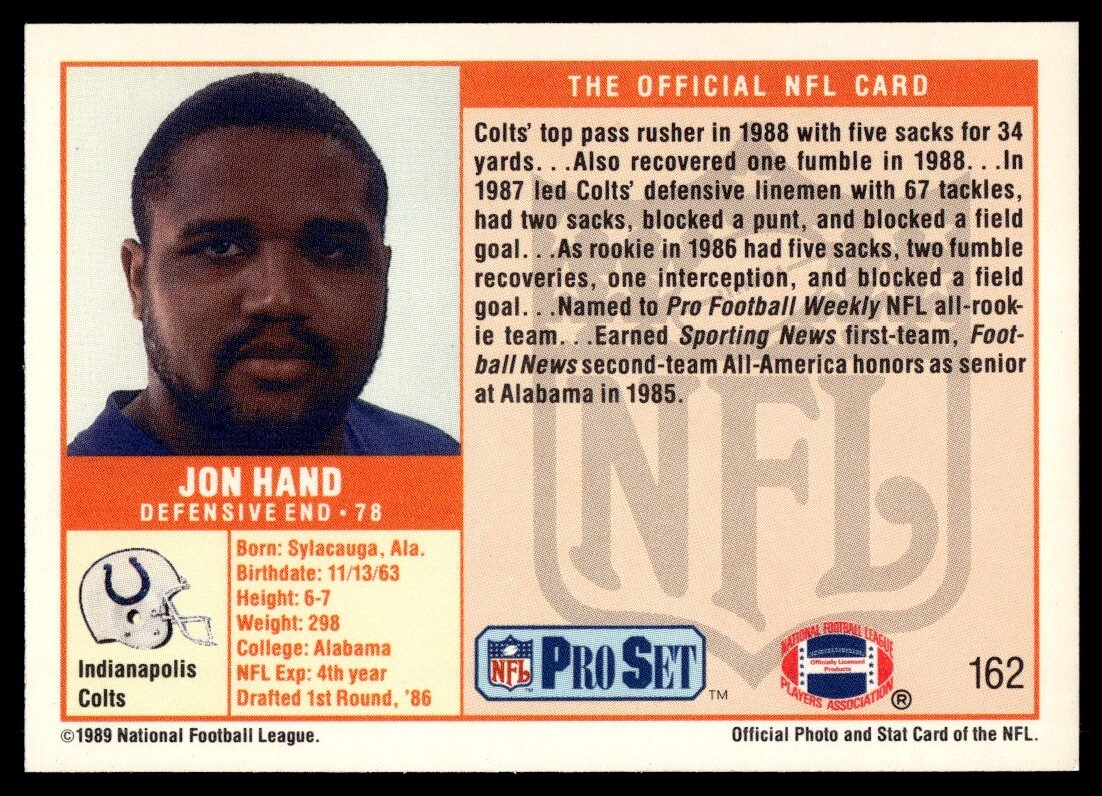 1989 Pro Set Jon Hand Indianapolis Colts #162 | eBay